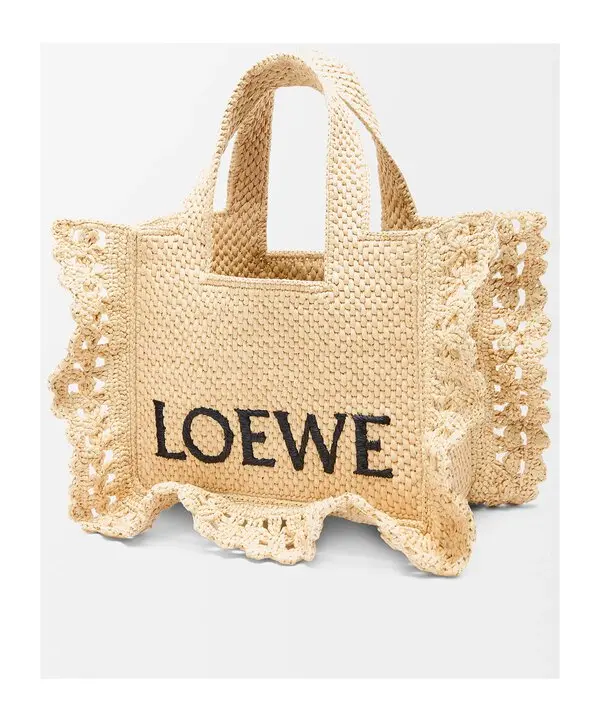 Loewe Small Font Tote In Raffia - Natural Color