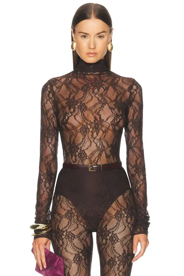 Andamane Ziggy Lace Turtleneck Bodysuit - Dark Brown