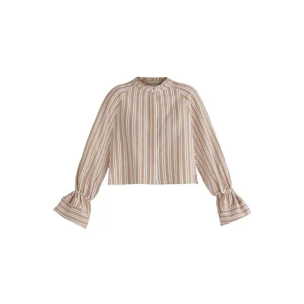 PAISIE Neutrals Ruffle Round Neck Blouse With Cinch Wrist Detail In Stripes - Beige
