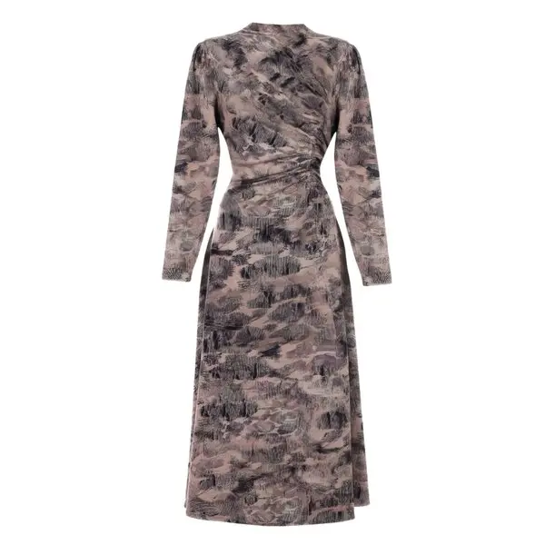 LUNA FASHION HOUSE Mila Abstract Print Draped Midi Dress - Brown