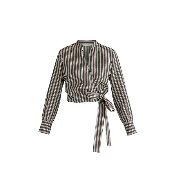 PAISIE Split Collarless Wrap Top With Side-tie Waist In Stripes