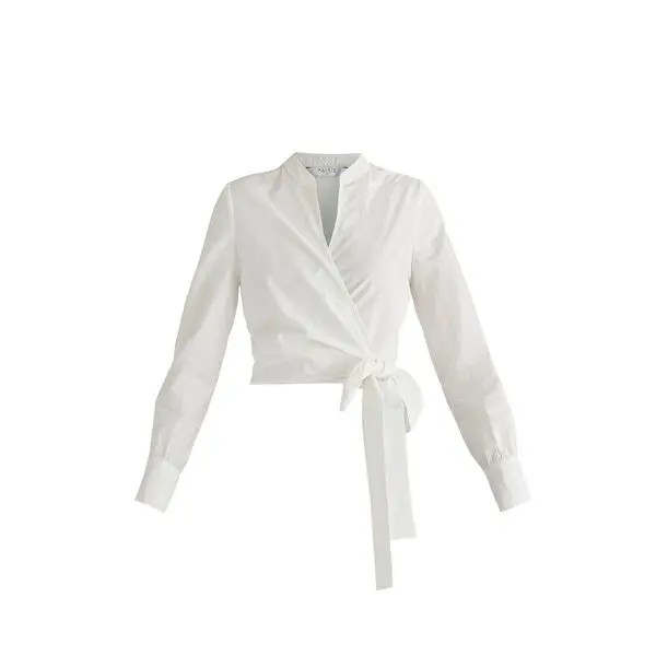 PAISIE Split Collarless Wrap Top With Side-tie Waist - White