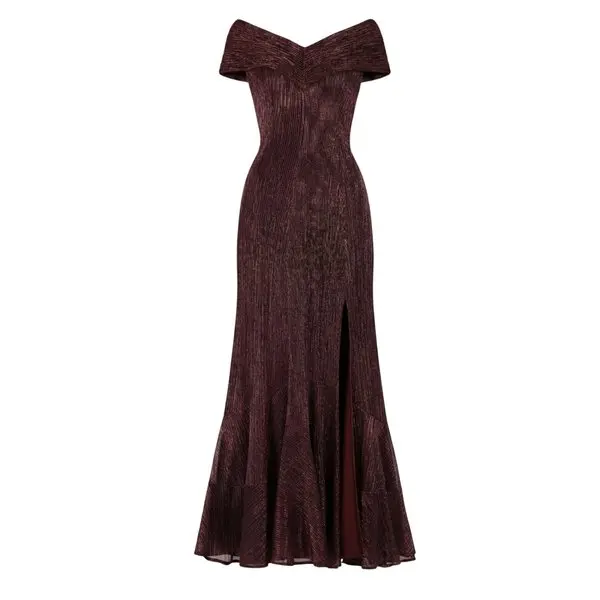 LUNA FASHION HOUSE Burgundy Off-shoulder Metallic Pleated Gown With Fishtail Hem - Red
