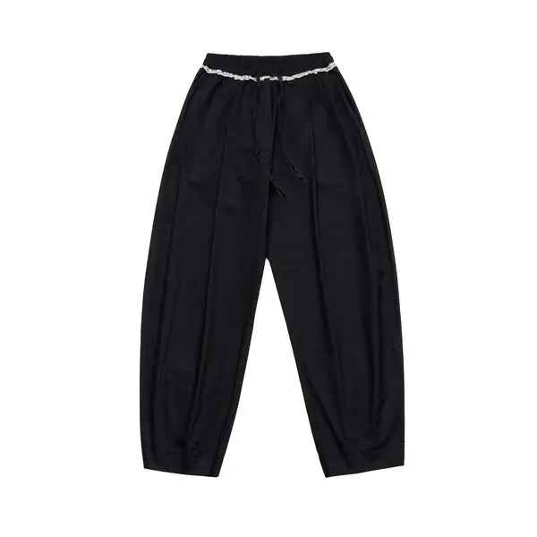 ALAS Name Silk Cotton Barrel Leg Pants With Lace Trim - Black