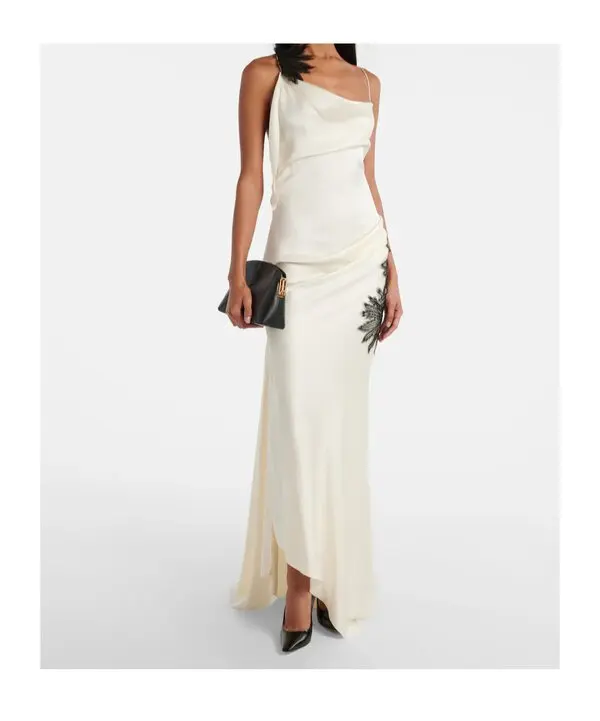 Victoria Beckham Sleeveless Floral Appliqué Draped Satin Crêpe Gown