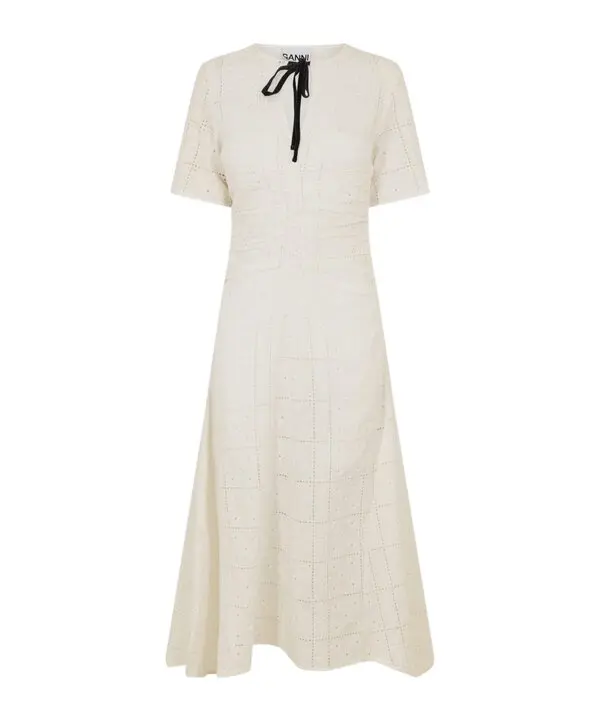 GANNI Broderie Anglaise Midi Dress - Egret