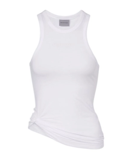 Balenciaga Logo Gathered Cotton Jersey Tank Top - White