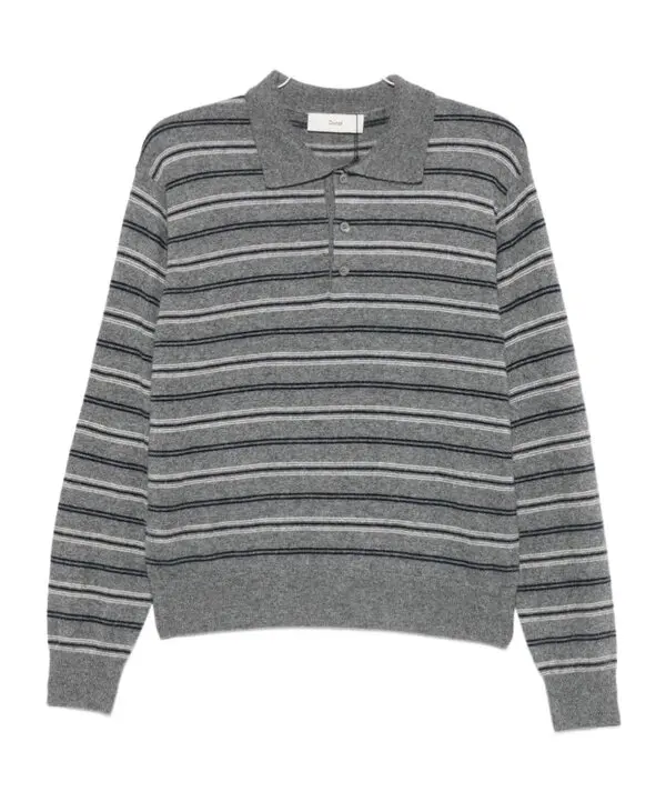 DUNST Striped Knit Polo Shirt - Grey