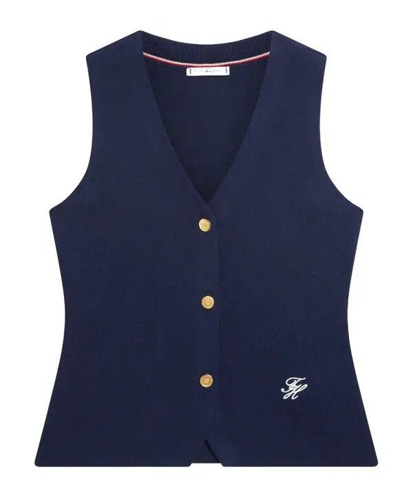 Tommy Hilfiger V-neck Knit Waistcoat With Goldtone Buttons - Blue