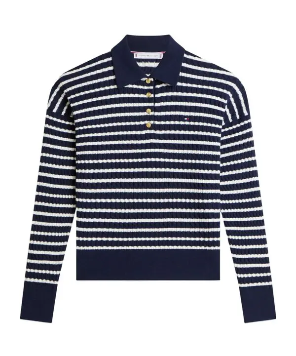 Tommy Hilfiger Polo Collar Long Sleeve Knit Top - Black