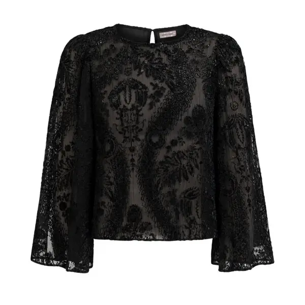 TRAFFIC PEOPLE Cecilia Tallis Sheer Floral Embroidered Cropped Top - Black