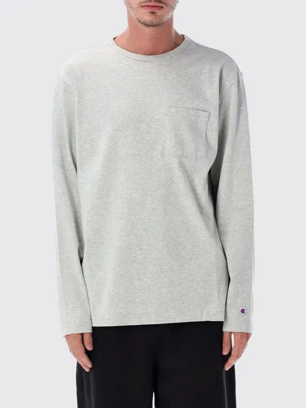 Champion Long-sleeved Cotton T-shirt With Patch Pocket - Grey