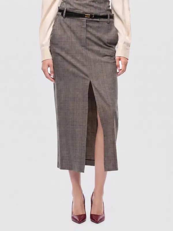 Pinko Prince Of Wales Check Wool Blend Midi Pencil Skirt With Front Slit