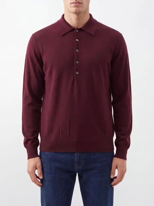 Dries Van Noten Long-sleeved Knitted Polo In Pure Merino Wool - Wine