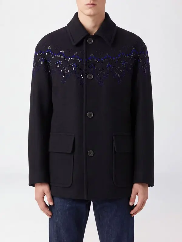 Dries Van Noten Single-breasted Sequin Appliqué Wool Blend Coat