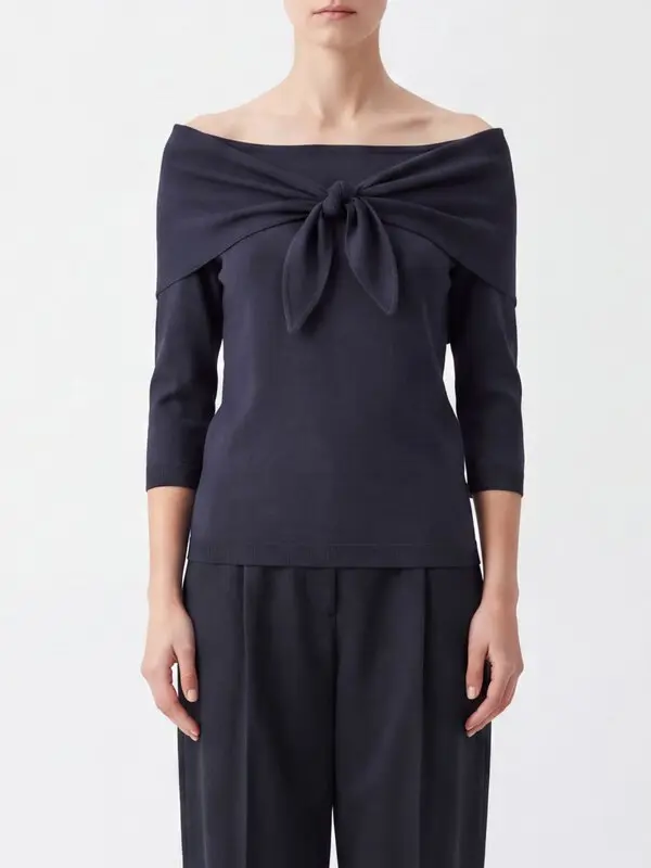 Max Mara Slim Fit Striped Wool Crewneck Jumper With Pussy-bow Neck - Blue
