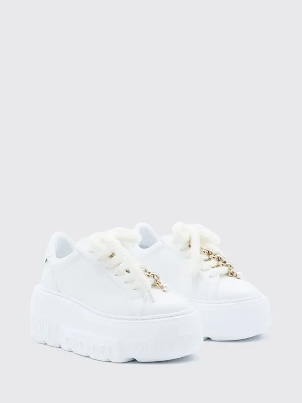 Casadei Leather Platform Sneakers With Floral Embroidery And Chain Detail