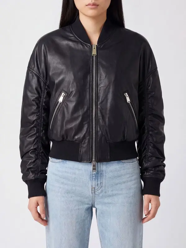 DONDUP Cropped Synthetic Leather Bomber Jacket - Black