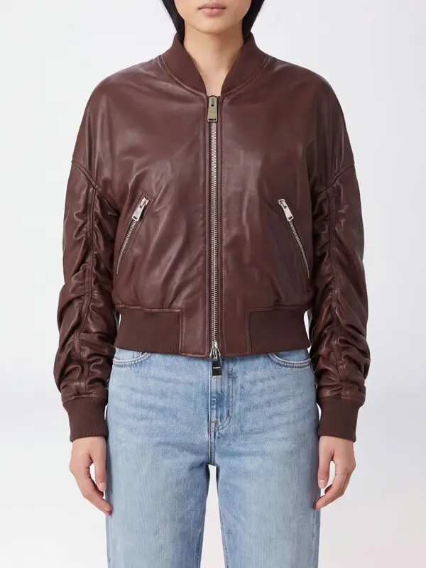 DONDUP Cropped Synthetic Leather Bomber Jacket - Brown
