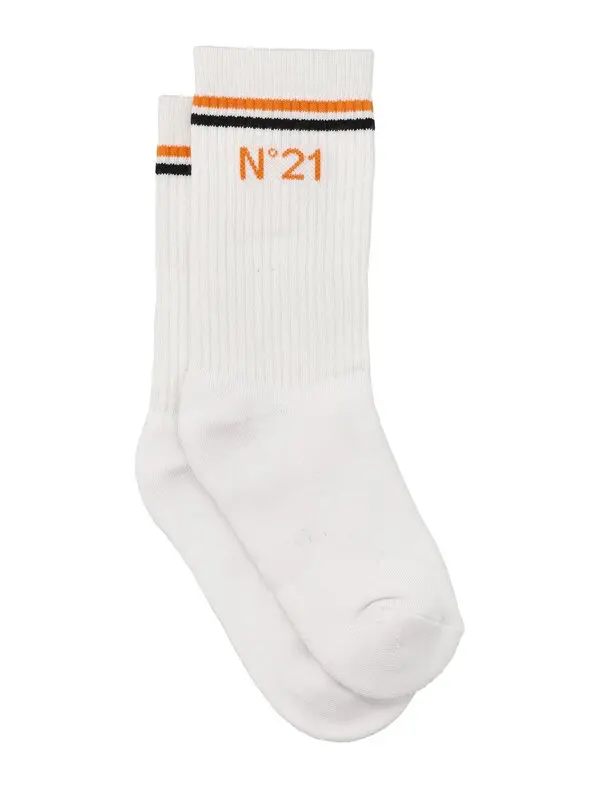 N°21 Sporty Striped Ribbed Cotton Socks With Embroidered Logo - Bianco