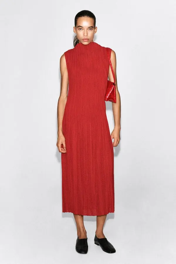 Cos Pleated Jacquard Sleeveless Maxi Dress - Red