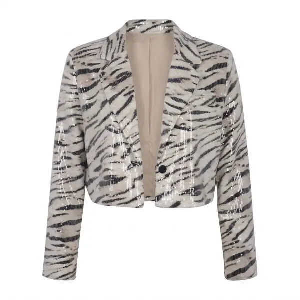 MODENAIRE Black / White Leopard Print Sequin Cropped Jacket With Button Front - Black/white