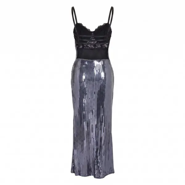 MODENAIRE Sequin Maxi Dress With Lace Bustier And Open Back - Black