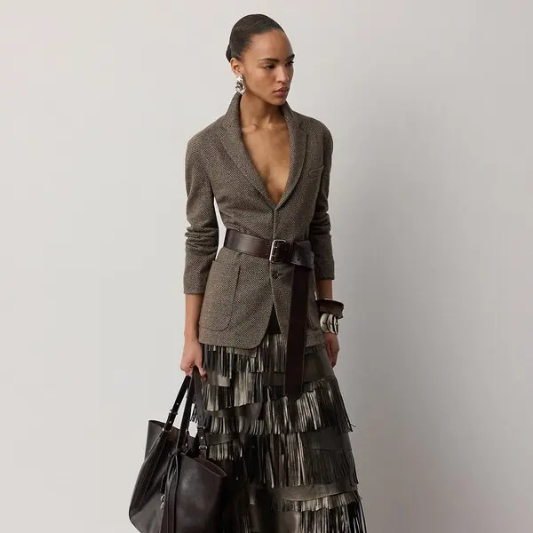 Ralph Lauren Belinda Metallic Lambskin Tiered Fringe Skirt - Bronze