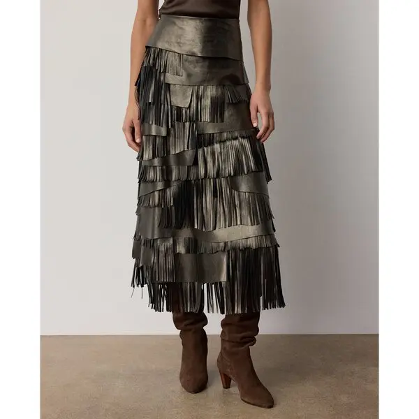 Ralph Lauren Belinda Metallic Lambskin Tiered Fringe Skirt