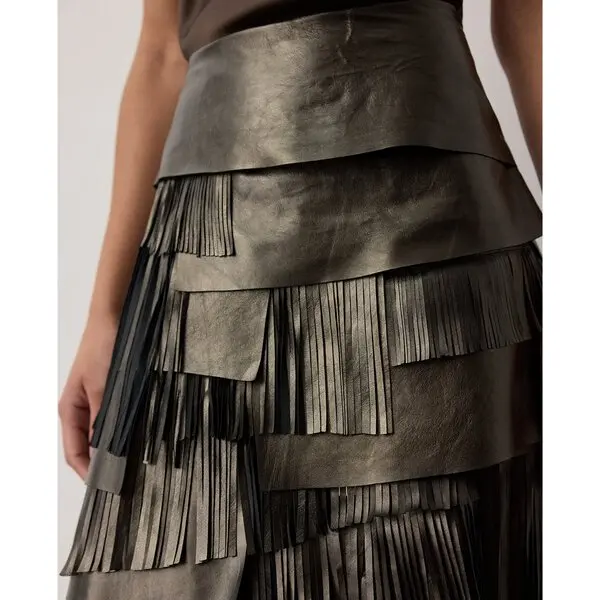 Ralph Lauren Belinda Metallic Lambskin Tiered Fringe Skirt
