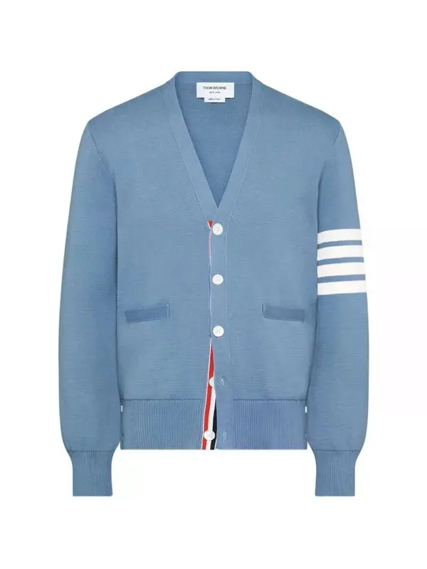 Thom Browne Cotton Crepe V-neck Cardigan With Grosgrain Trim - Blue