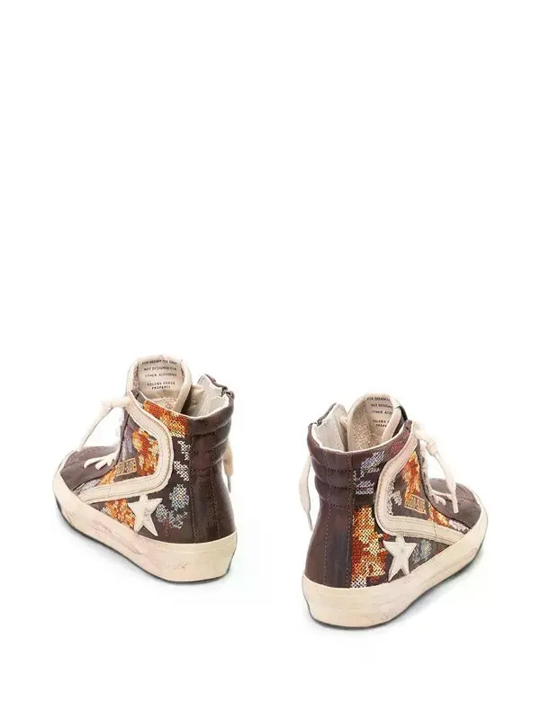 GOLDEN GOOSE Slide In Ebony Leather With Cream Star And Multicolor Embroidery - Brown