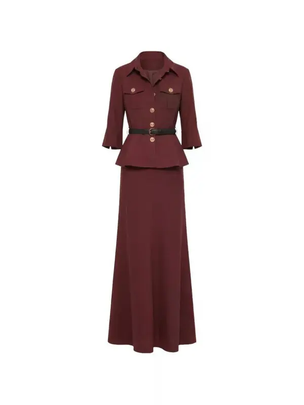 SELF-PORTRAIT Belted Peplum-waist Maxi Dress - Brown