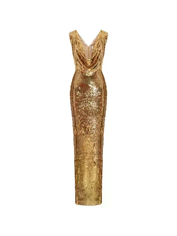 V:PM ATELIER Sequin-embellished Cowl-neck Maxi Dress - Gold