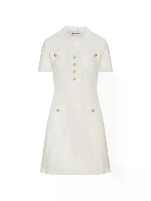 SELF-PORTRAIT Bouclé Frayed-trim Mini Dress - White