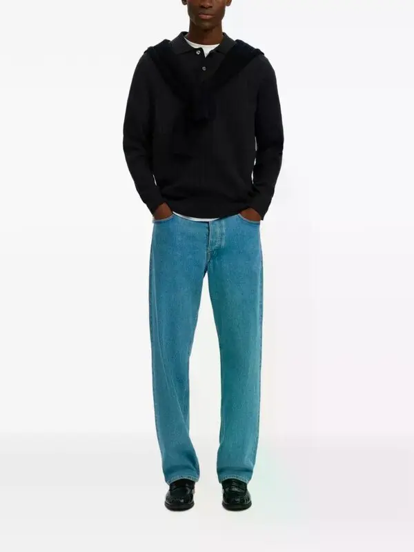 SELECTED Ribbed-knit Polo Sweater - Black