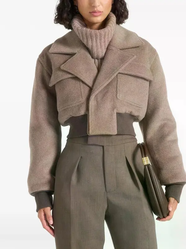 Manière De Voir Taupe Wool Cropped Bomber Jacket With Wide Lapels - Neutrals