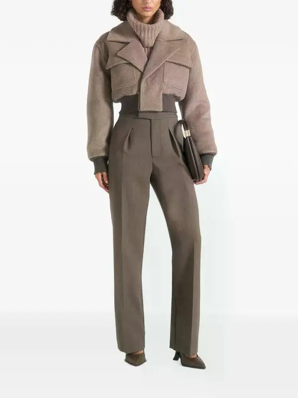 Manière De Voir Taupe Wool Cropped Bomber Jacket With Wide Lapels