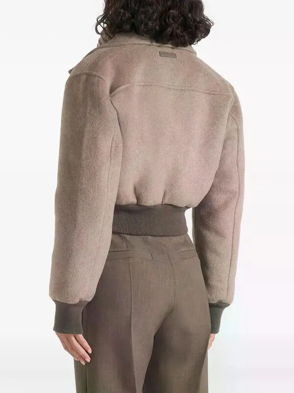 Manière De Voir Taupe Wool Cropped Bomber Jacket With Wide Lapels