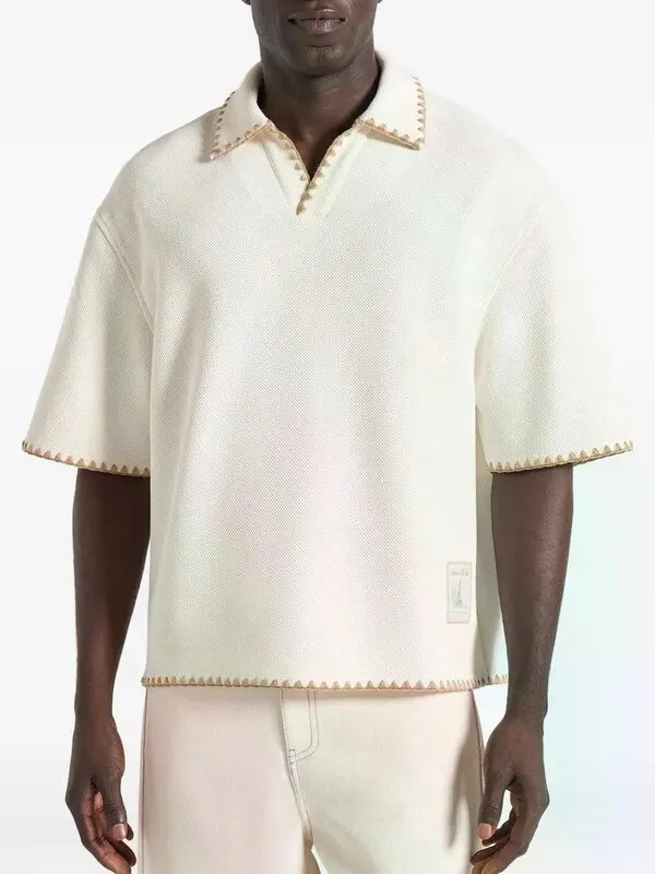 Manière De Voir Lenny In Cream Boxy Polo Shirt With Whipstitch Detail - Neutrals
