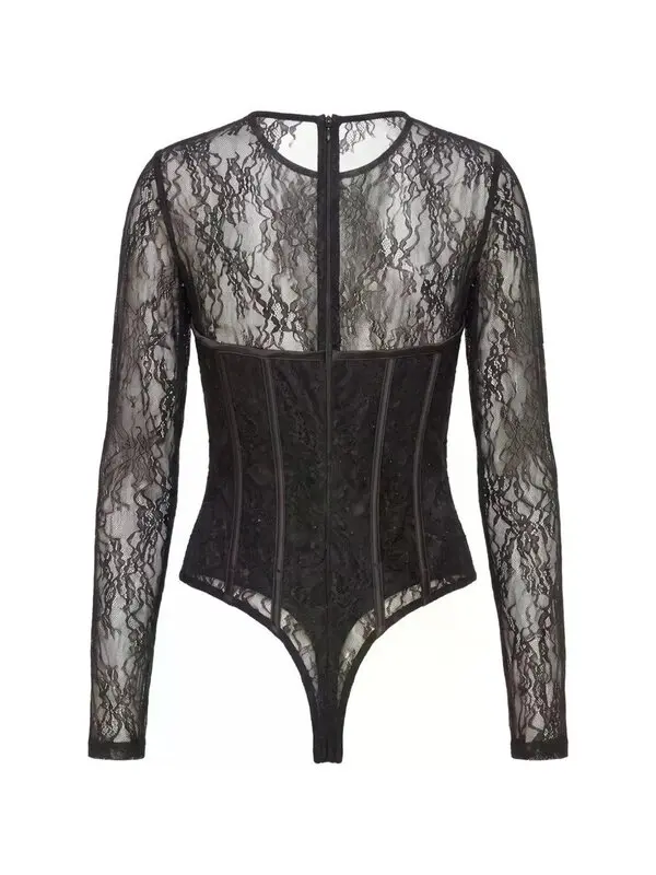 NISSA Lace-panelled Corset-style Bodysuit - Black