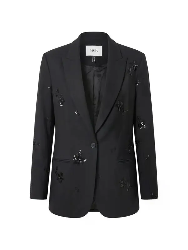 NISSA Sequin Embellished Floral Appliqué Blazer - Black