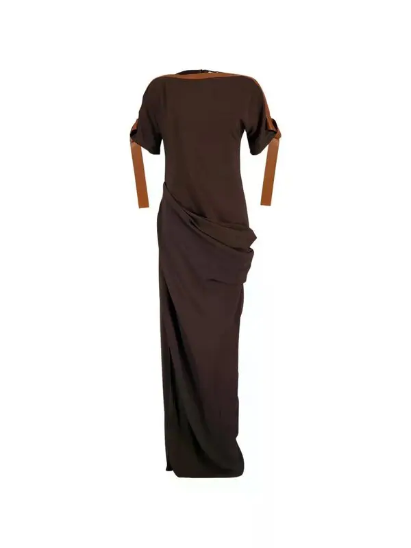 FERRAGAMO Long Viscose Dress With Knotted Leather Inserts - Brown