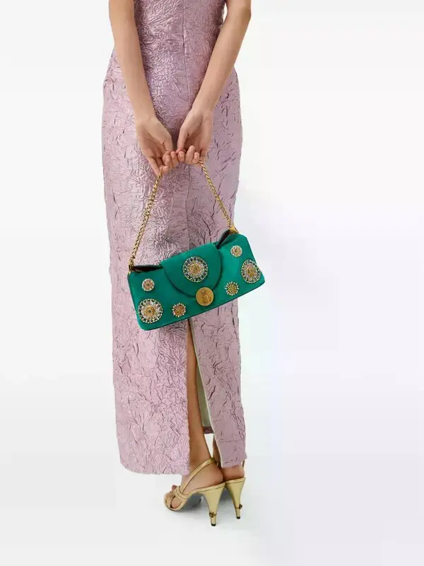 Versace Vivian Embroidered Crosta Suede Clutch - Green