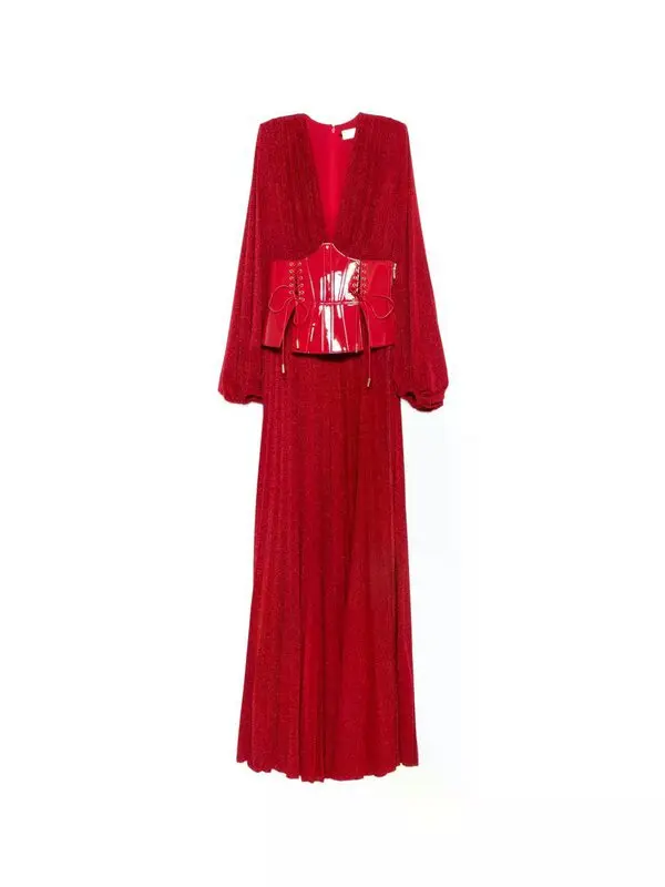 Elisabetta Franchi Shimmer Corset Detail Pleated Maxi Dress - Red