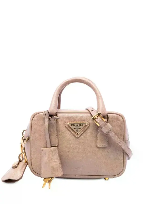 Prada 2000-2013 Mini Saffiano Lux Bauletto Bag Satchel - Brown