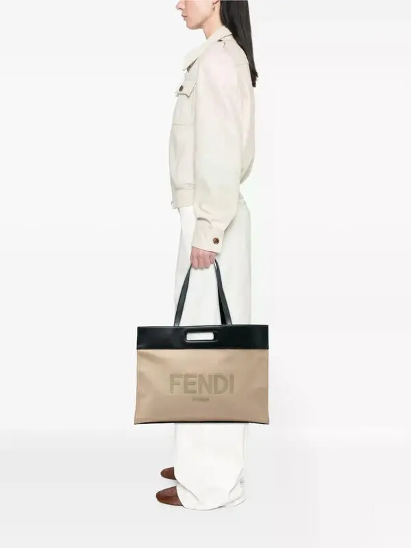 Fendi 2010-2026 Canvas Logo Cut Out Handle Shopper Tote Satchel - Neutrals
