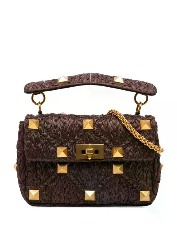 Valentino Garavani 2018-2026 Medium Raffia Roman Stud Satchel - Brown
