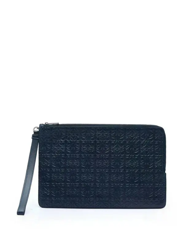 Loewe 2018 Embossed Anagram Calfskin Repeat Double Flat Pouch Clutch Bag - Blue