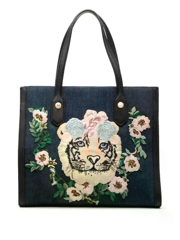 Gucci Embroidered Tiger Denim Tote Bag - Blue